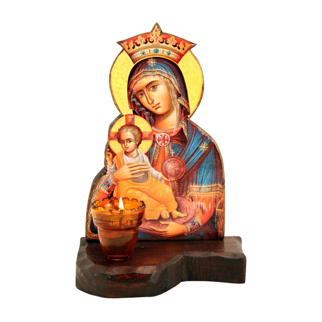11 3/4" Virgin Mary Theotokos Holding Baby Jesus Stand Alone Vigil Oil ...