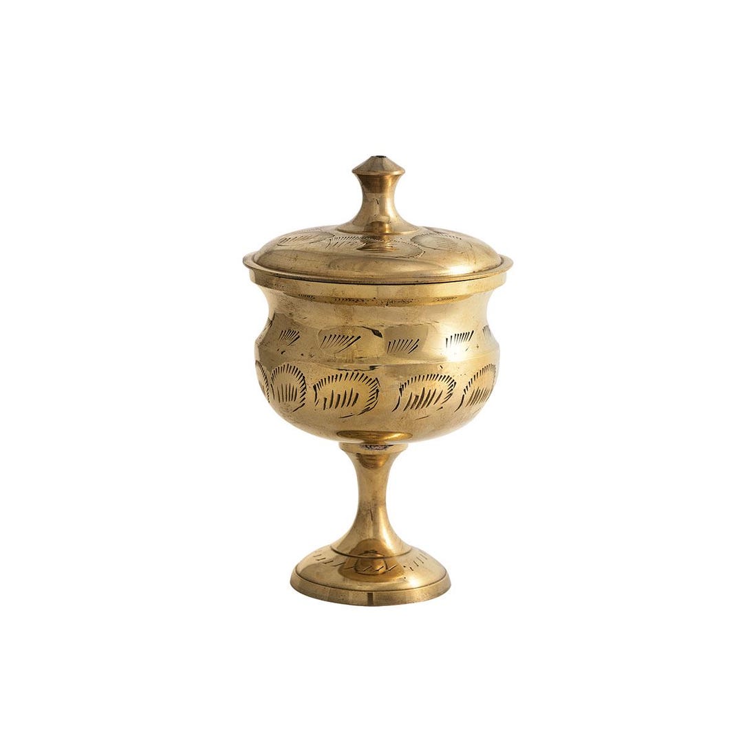 Traditional Engraved Boat Incense Storage Case Bowl Brass Lid Standing ...
