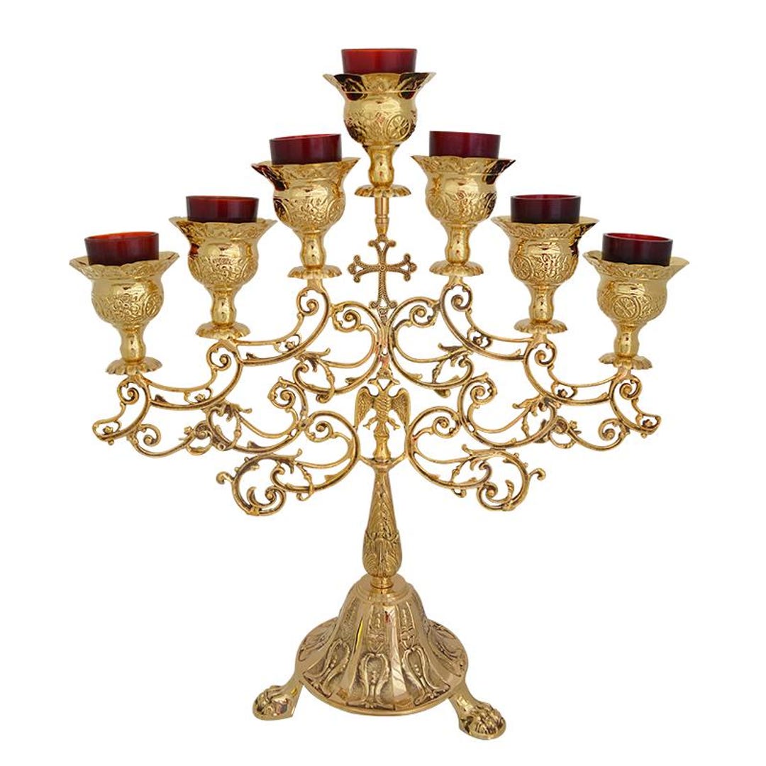 27" Greek Orthodox Engraved Brass Design Large 7 Oil Lamps Altar Church ...