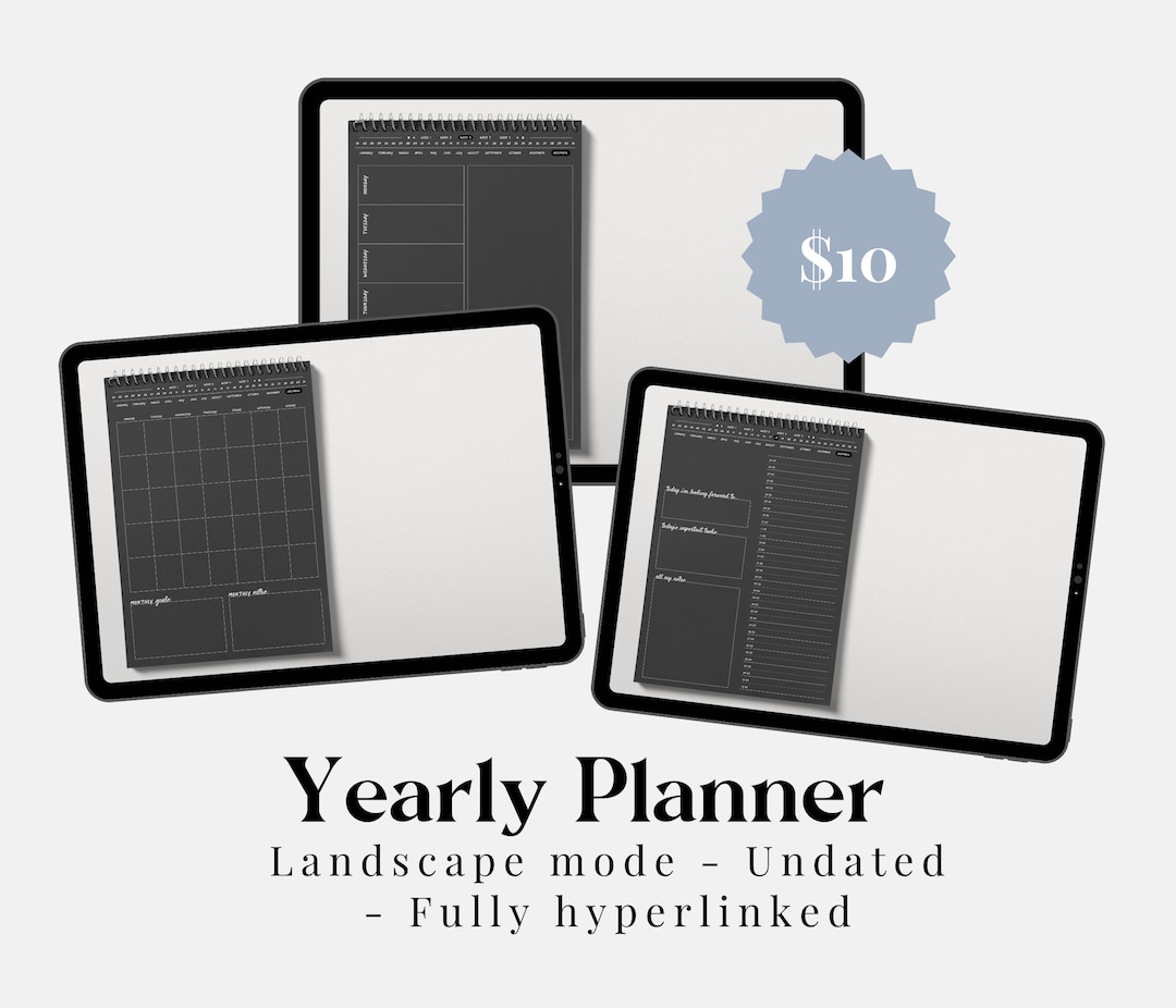 Yearly Digital Planner 2024 - Landscape Mode, Dark Version - Etsy