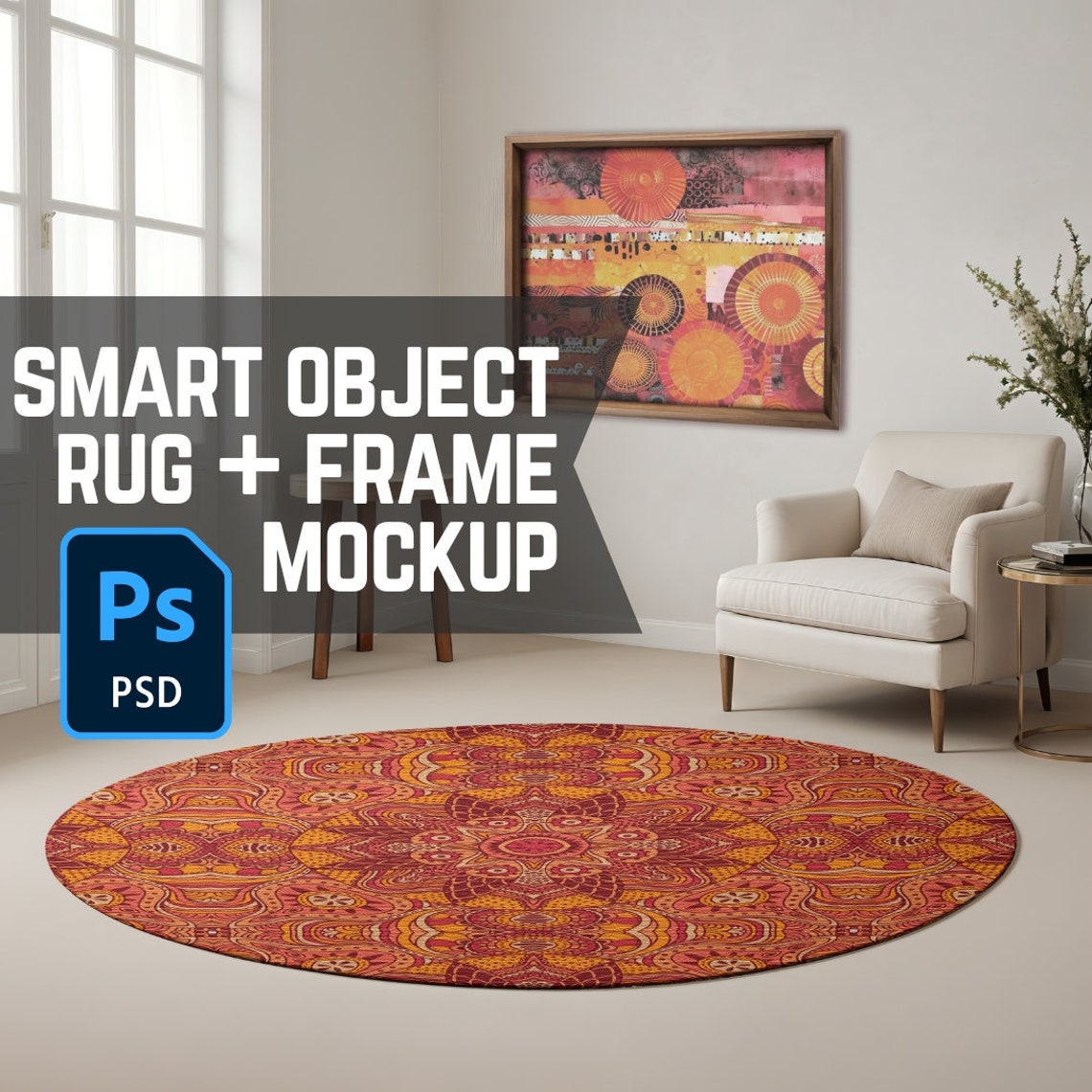 PSD Round Rug Mockup, Photoshop Smart Object Home Decor Mock W ...