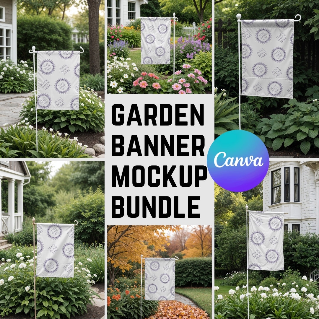 Garden Banner Mockup Bundle, 6 Canva Drag & Drop Transparent PNG House ...