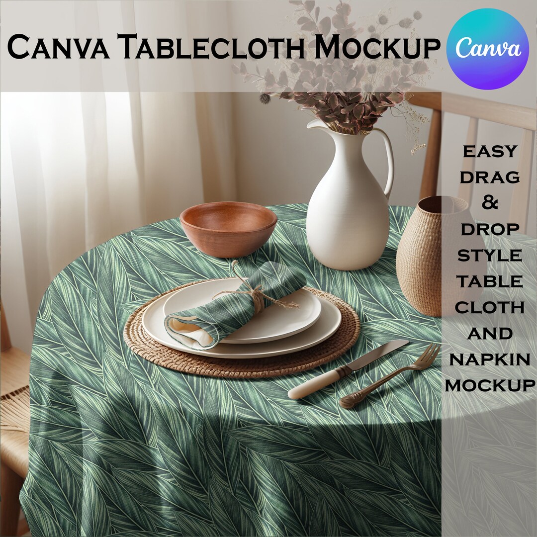 Canva Tablecloth Mockup, Dining Table + Cloth Napkin Drag & Drop ...