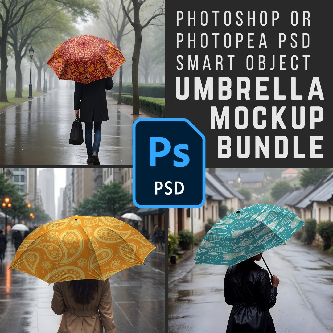 Umbrella Mockup Bundle, 4 Smart Object PSD Rainy Day Product Mocks of ...