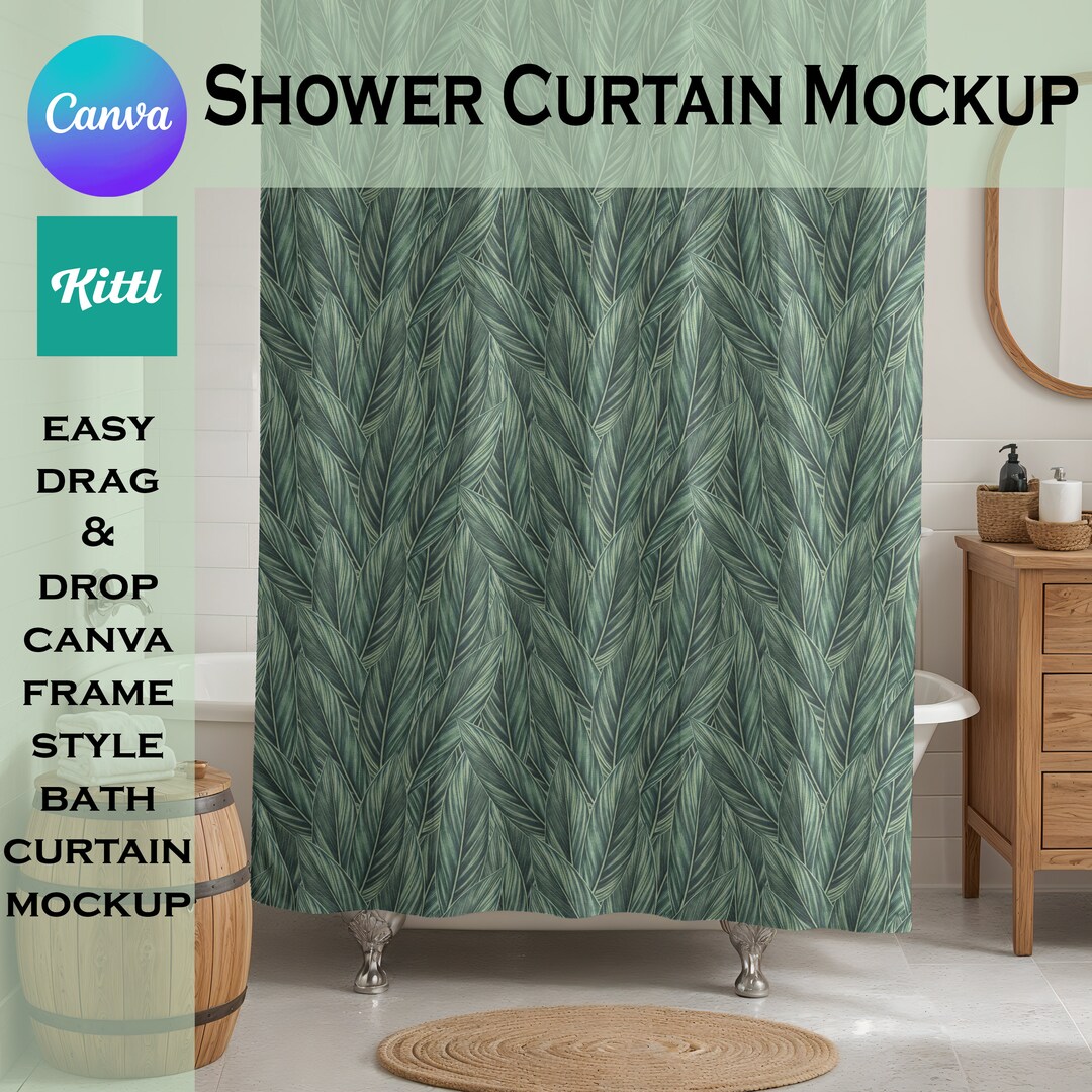 Shower Curtain Mockup, Drag + Drop Transparent Canva PNG Decor Mock of ...