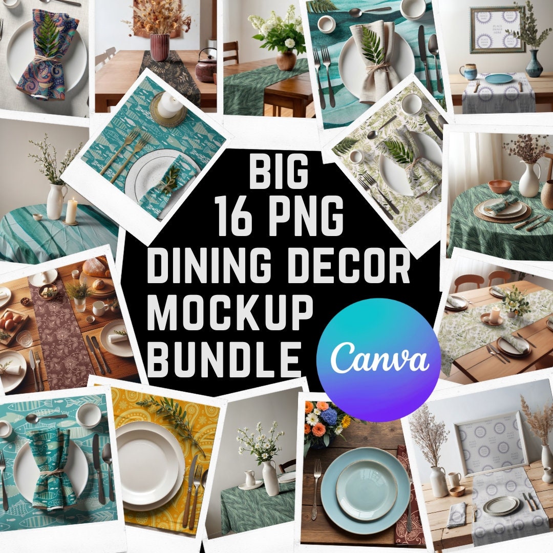 Big Dining Decor Mockup Bundle, 16 Canva Drag + Drop PNG Cottagecore Kitchen Linen Mocks of ...