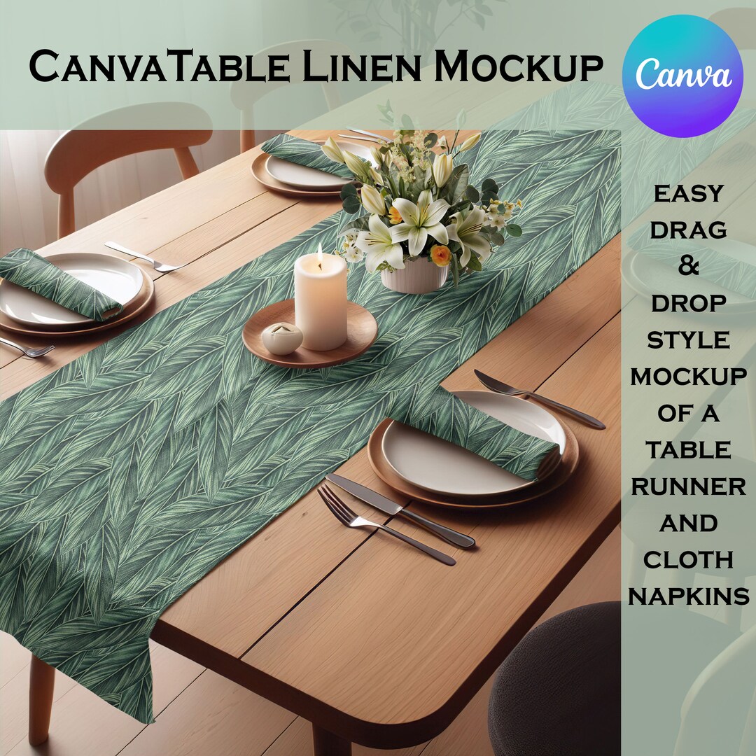 Canva Table Linen Mockup, Table Runner + Cloth Napkins Drag & Drop ...