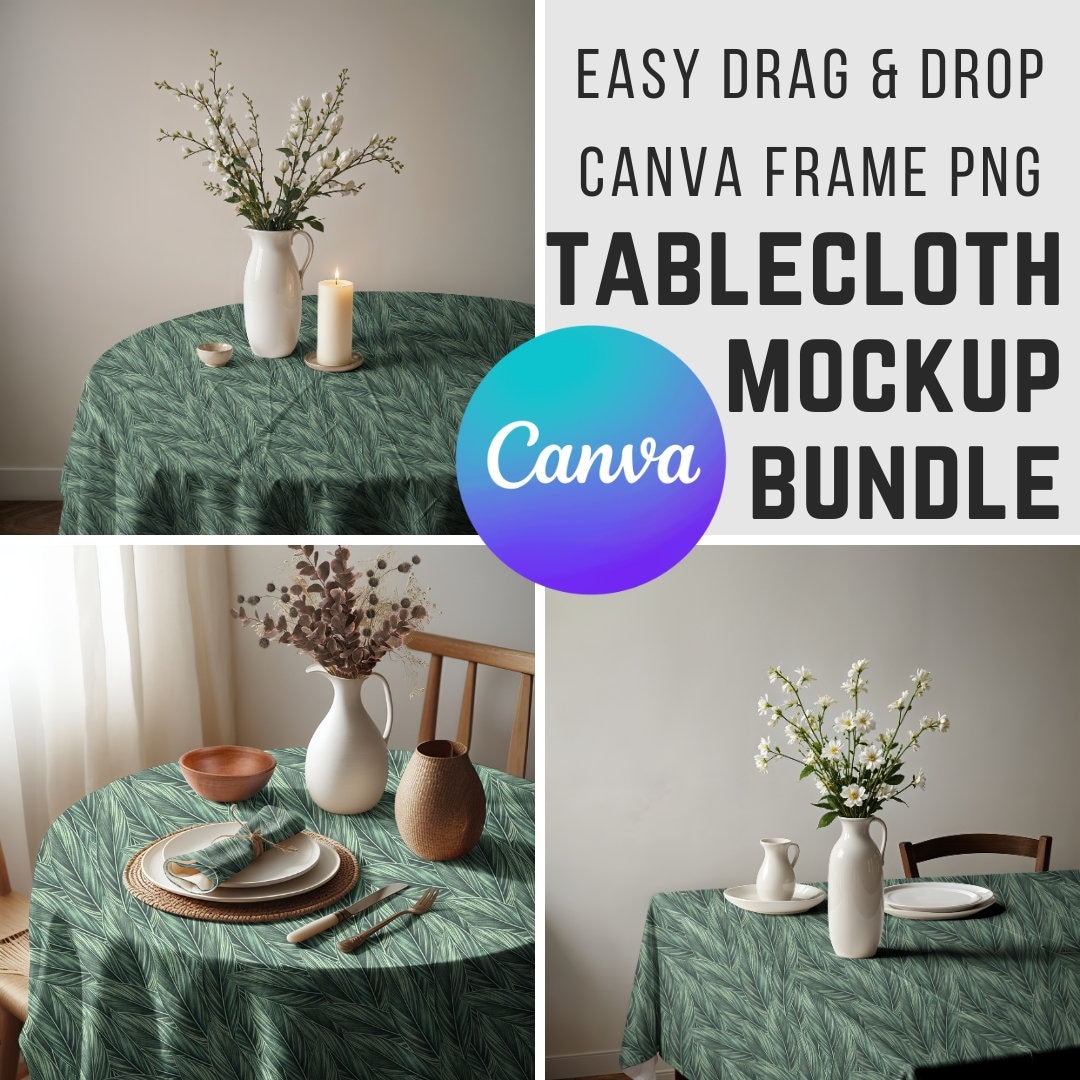 Tablecloth Mockup Bundle, 3 Canva Dining Table Linen Decor Drag & Drop ...