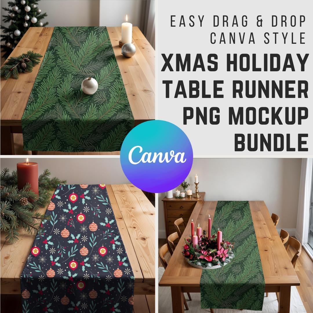 Holiday Table Runner Mockup Bundle, Canva Drag & Drop Dining Decor Transparent PNG Festive ...