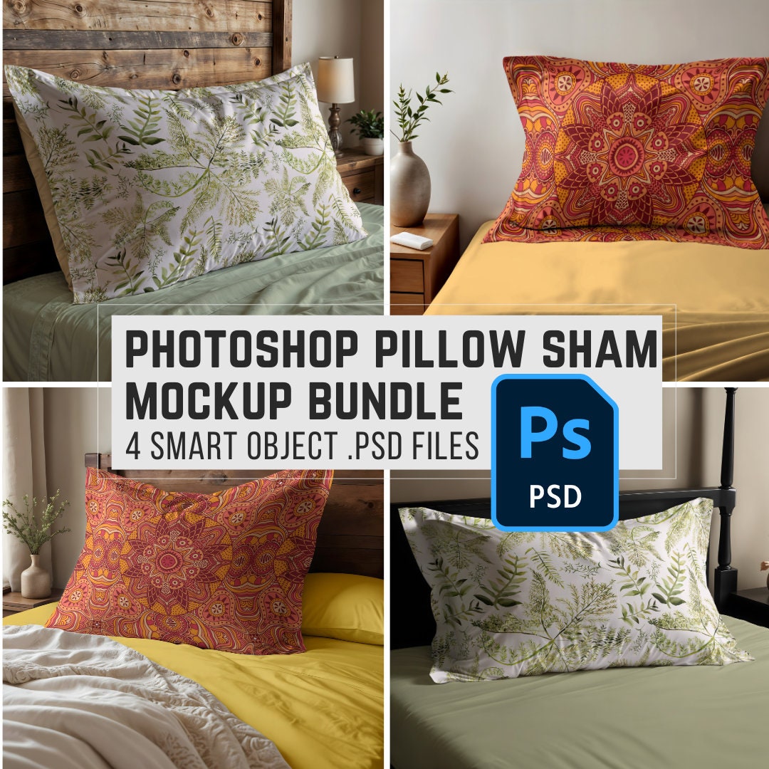 Pillow Sham Mockup Bundle, 4 PSD Smart Object Mocks of Microfiber ...