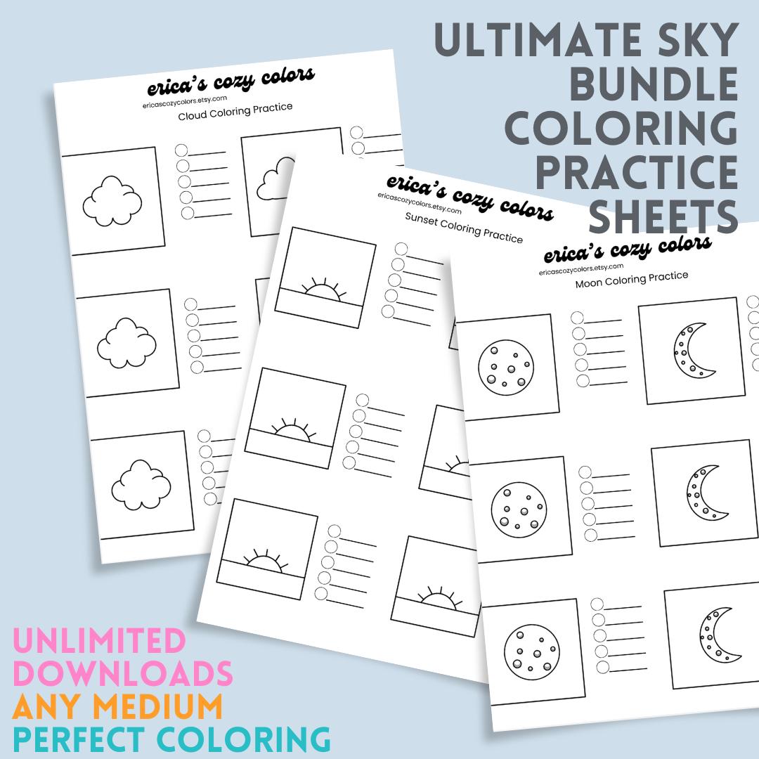 Sky Coloring Practice Sheets: Clouds, Moons, Sunsets (PDF Download) - Etsy