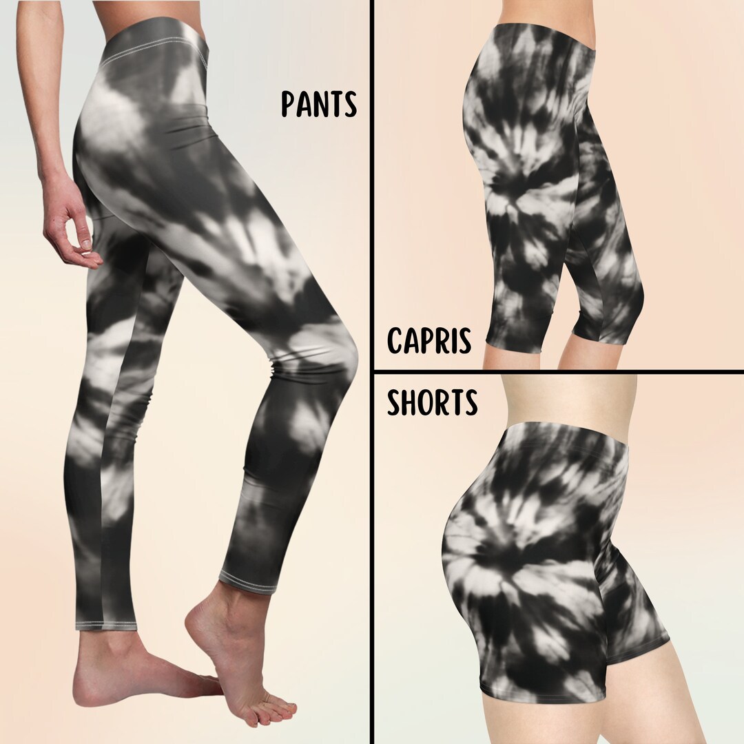 Tie Dye Leggings Black Mid-rise Yoga Pants White Stretchy Fitness ...