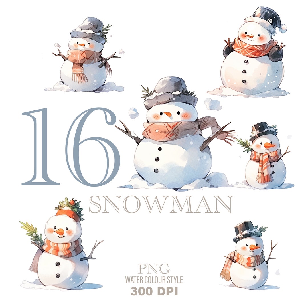 16 Snowman on Watercolour Style Clip Art. Transparency Background. PNG ...