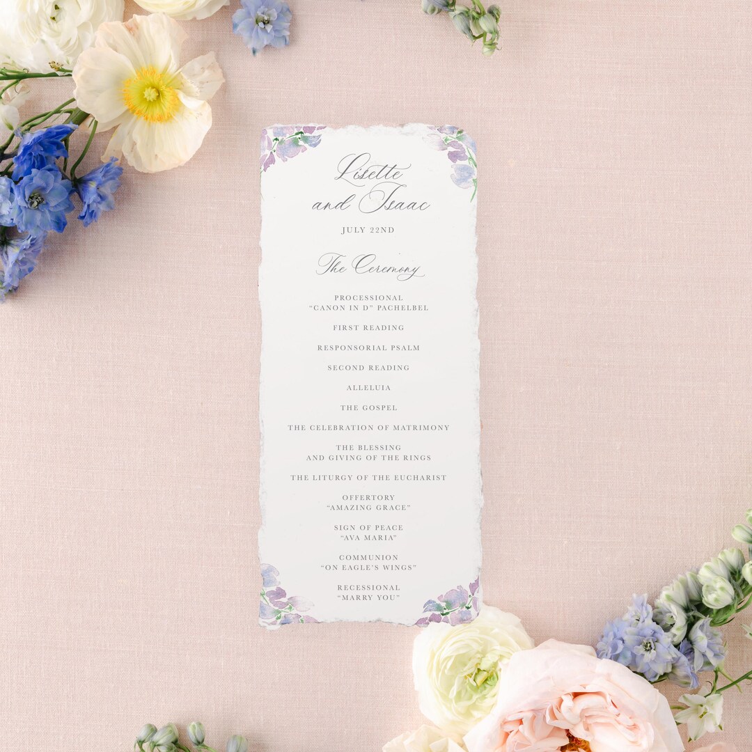 Purple Wedding Programs, Dusty Purple Wedding Itinerary, Summer Wedding ...