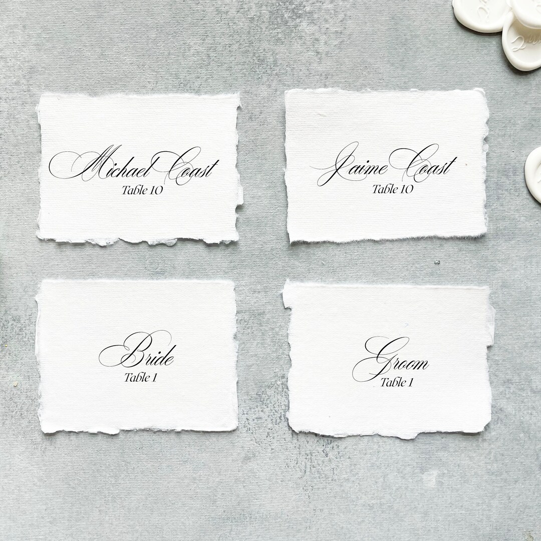 Handmade Paper Place Card With Table Numbers, Calligraphy Placecards ...