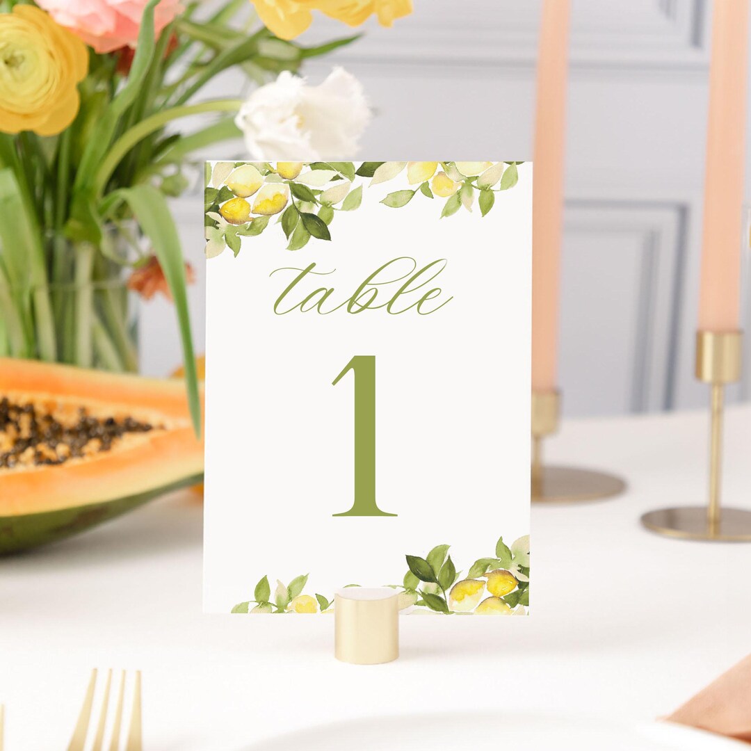 Lemon Table Numbers Watercolor, Wedding Table Number Cards, Yellow ...