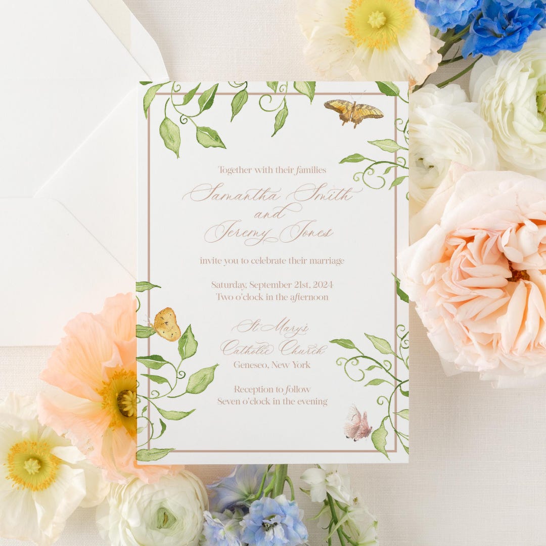 Fairy Tale Wedding Invitations With Greenery, Vines and Butterflies ...