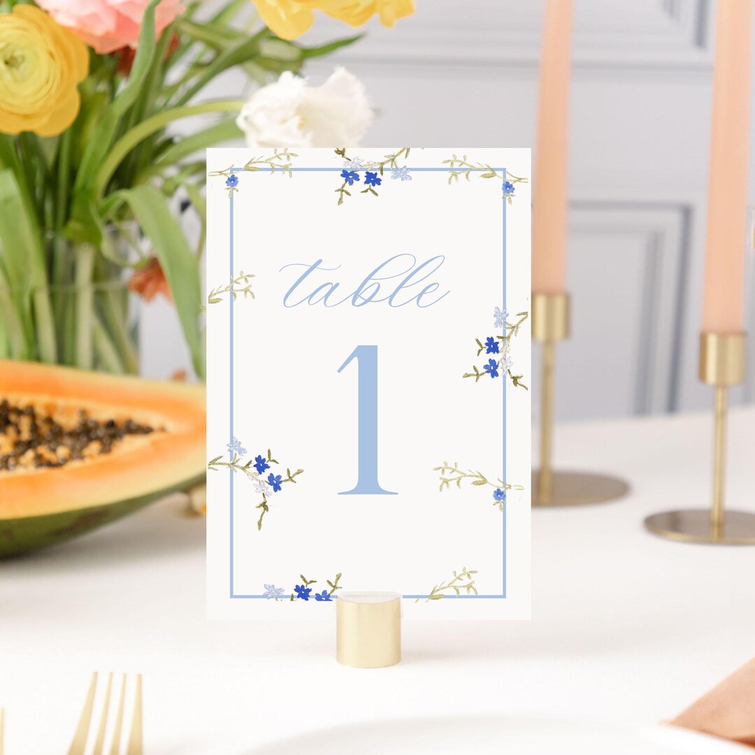 Light Blue Wedding Decor, Dusty Blue Table Number, Watercolor Floral ...