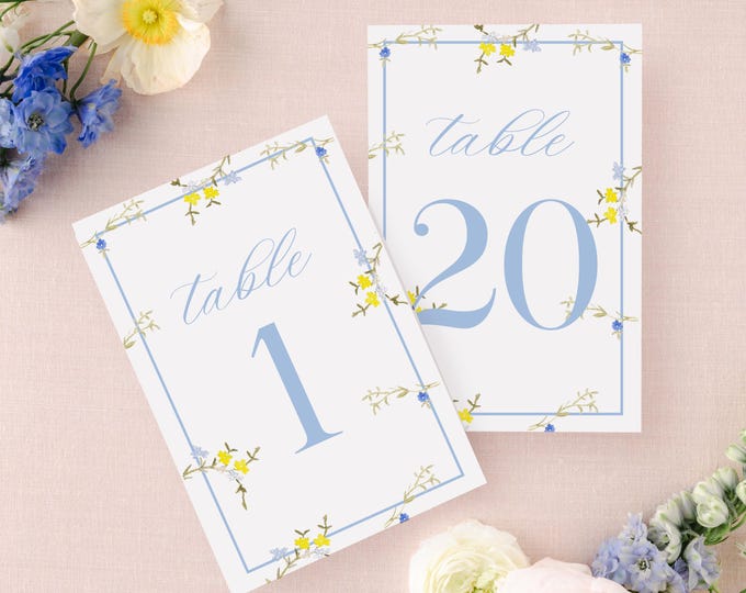 Flower Table Numbers Cardstock, Dusty Blue Table Numbers Paper, French ...