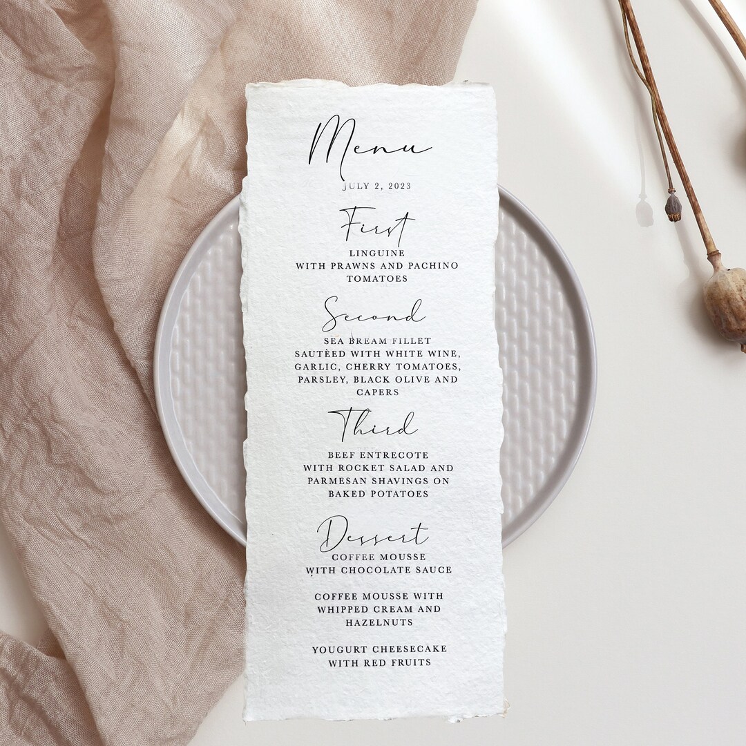 Deckled Edge Menu Cards, Handmade Paper Menu Printed, Rustic Wedding ...