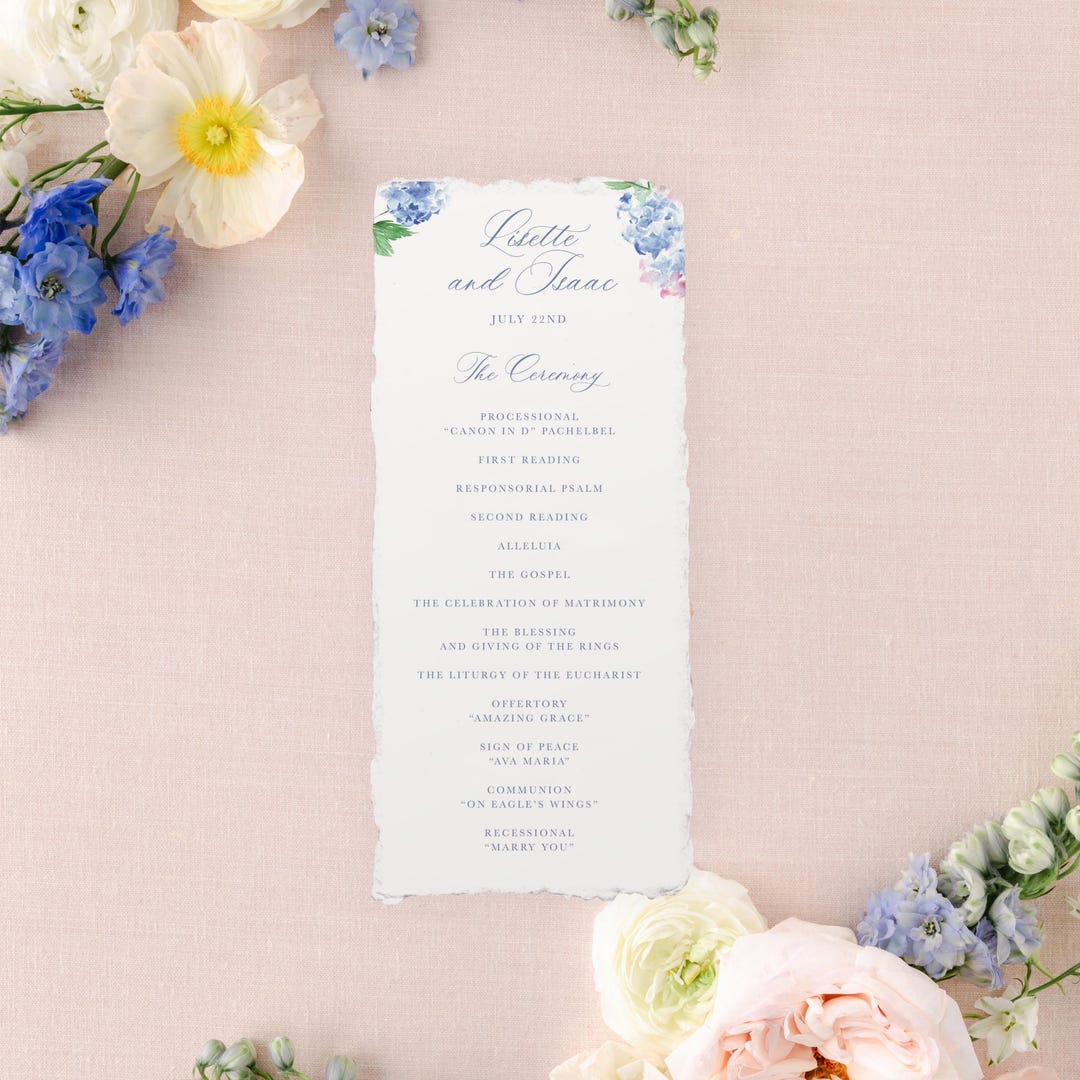 Hydrangea Wedding Program With Deckled Edges, Art Program Custom ...