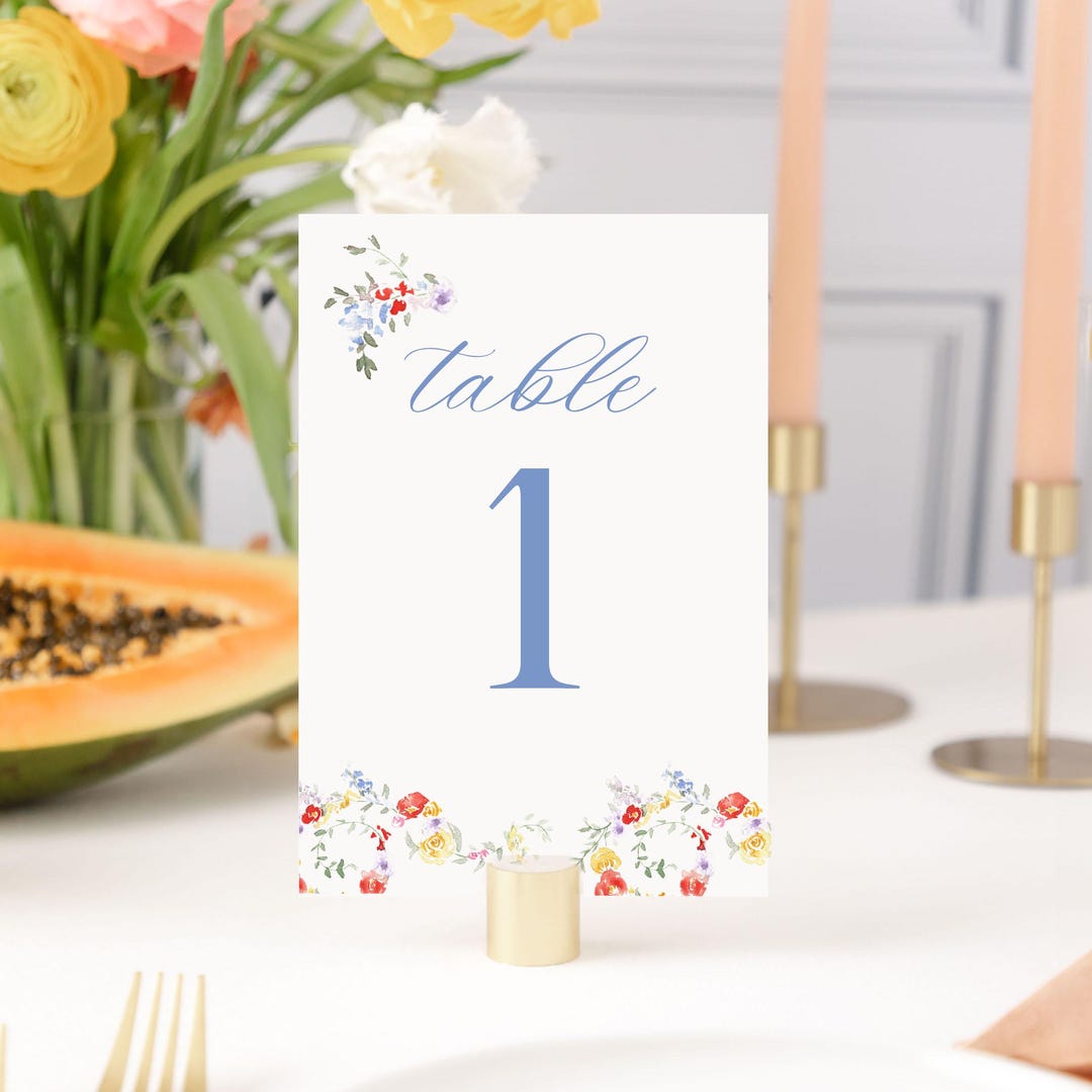 Floral Table Numbers, Watercolor Wedding Table Numbers Dusty Blue ...