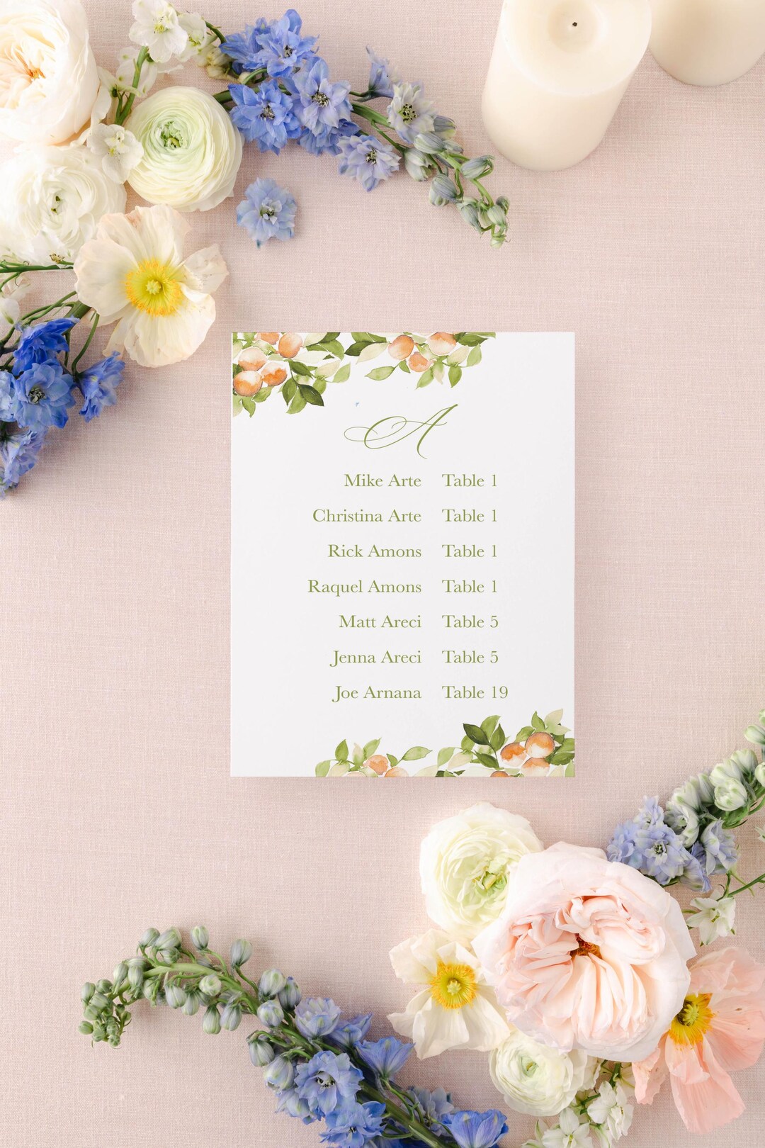 Orange Seating Chart Table Assignment Cards for Wedding, Citrus Baby ...