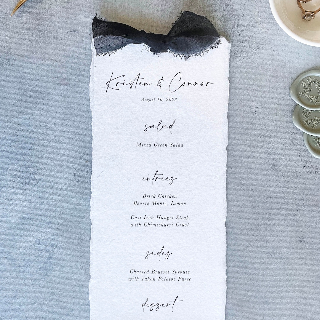 Handmade Paper Menu With Bow, Wedding Menus Handmade Paper, Deckled ...