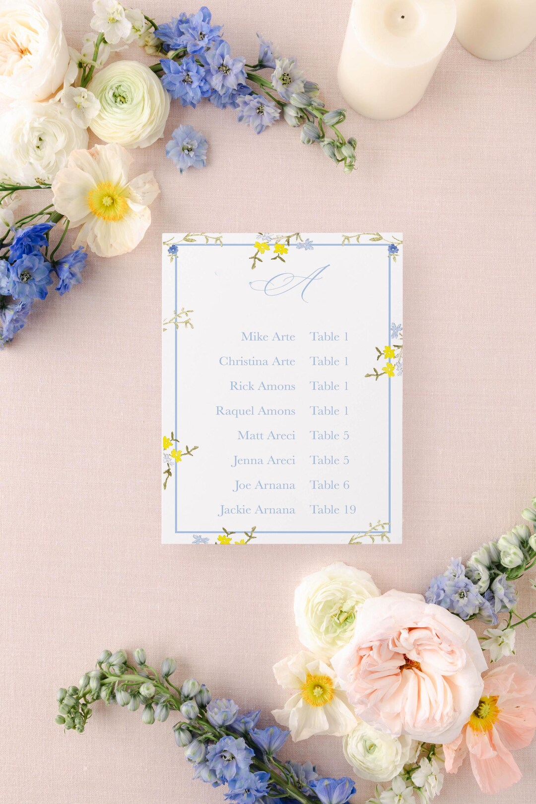 Blue and Yellow Seating Chart Cards With Flowers, Floral Seating Cards ...