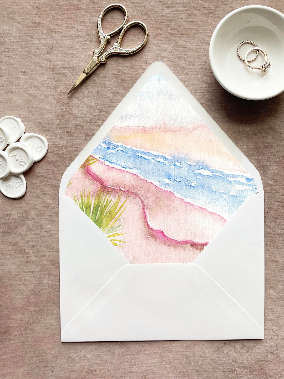 Beach Envelope Liner Watercolor, Tropical Envelope Liner Wedding ...