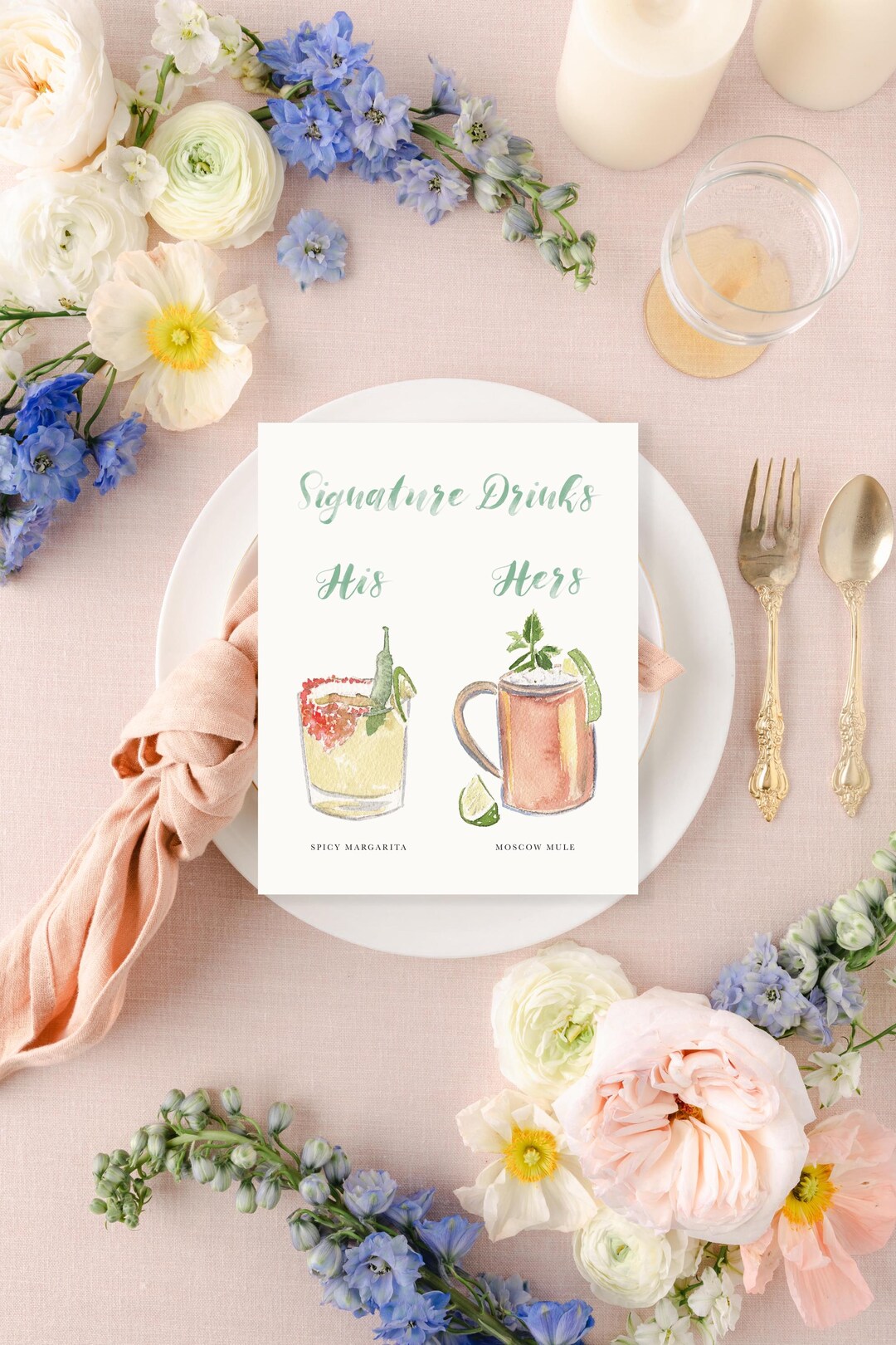 Birthday Bar Menu Watercolor, Handmade Paper Cocktail Signage Printed ...