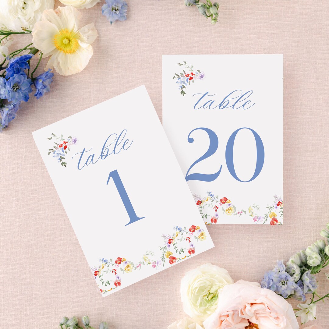 Floral Table Numbers Wedding, Watercolor Table Number Light Blue ...