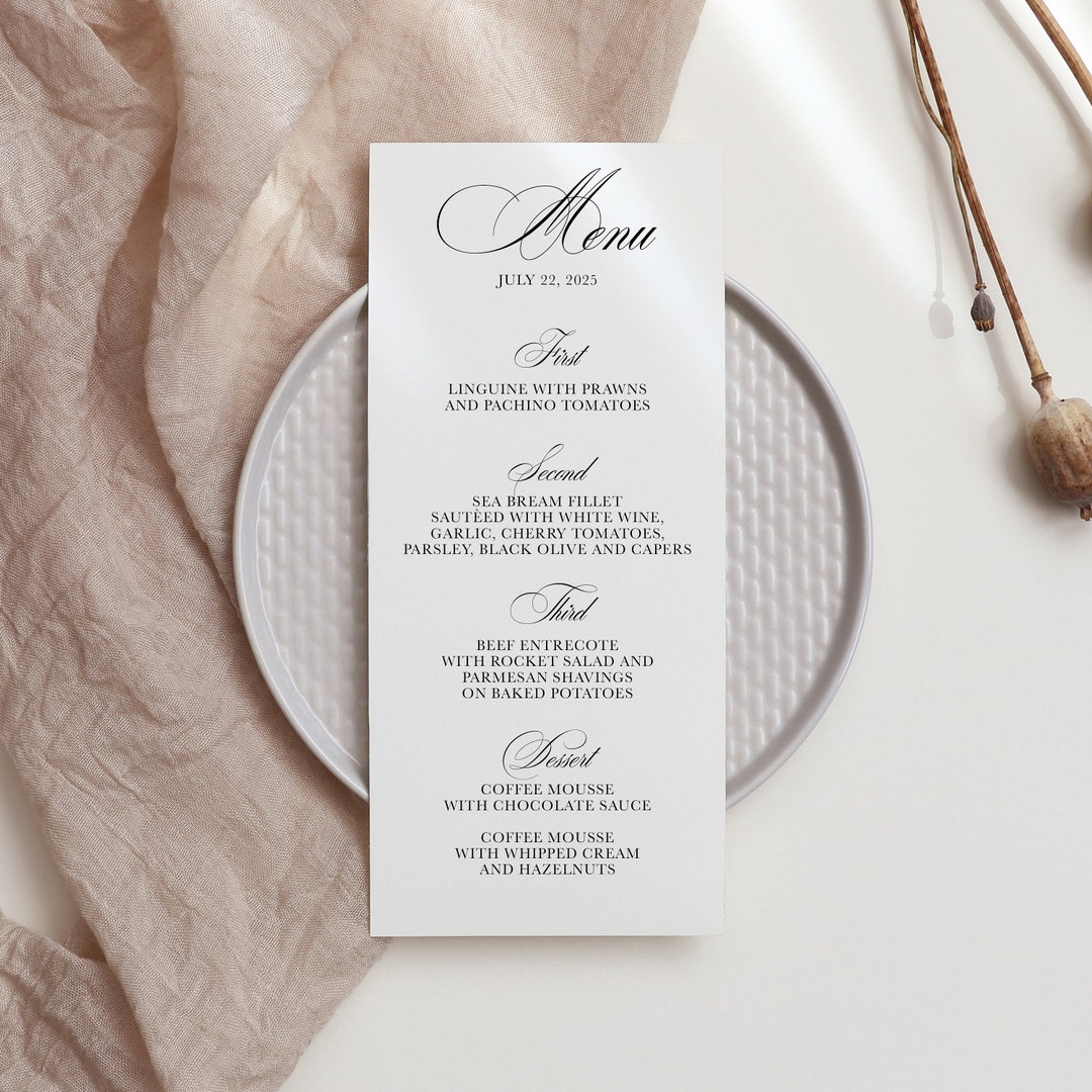 Formal Menu Printing, Elegant Wedding Menu Cards, Calligraphy Menu Card ...