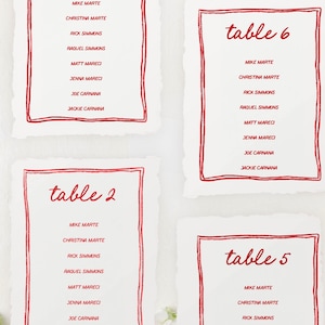 Red Seating Chart Cards Handmade Paper, Red Wedding Decoration Whimsical, Sketch Wedding Table ...