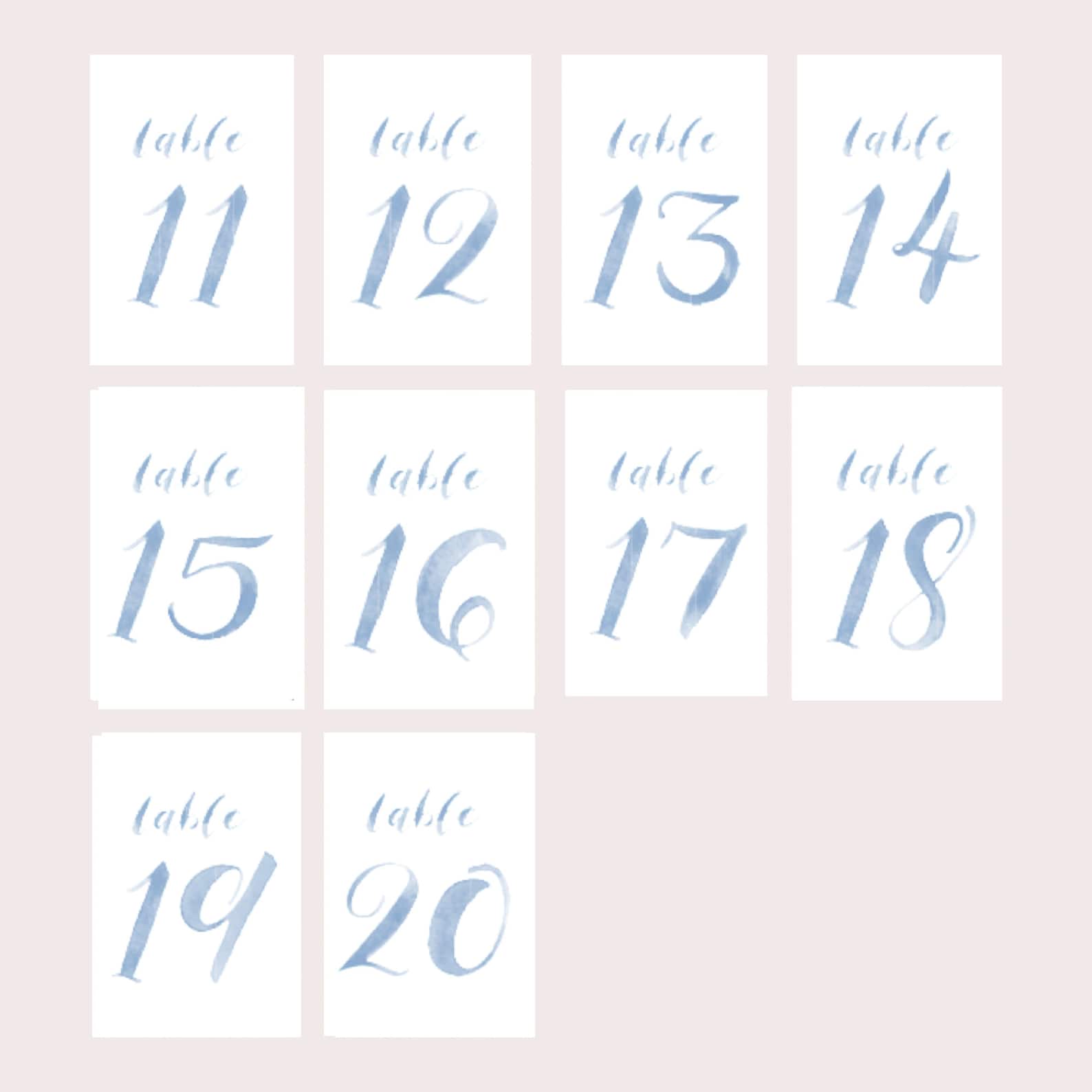 Light Blue Table Number Cards, Hand Painted Table Numbers Printed ...
