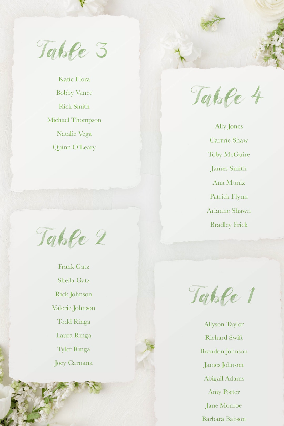 Green Seating Chart Cards Deckled Edge, Sage Green Table Number Cards ...
