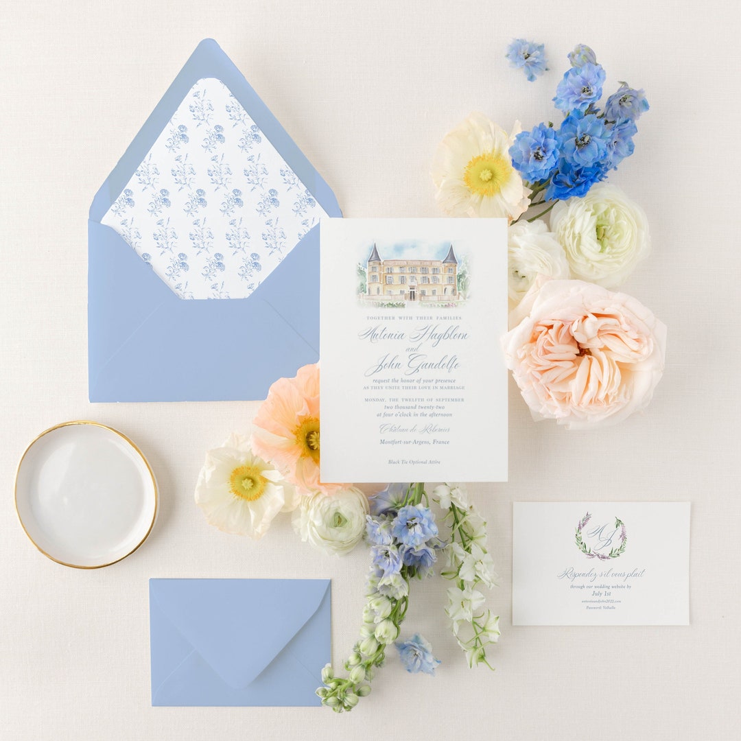 French Blue Wedding Invitation Printed, Dusty Blue Wedding Invitation ...