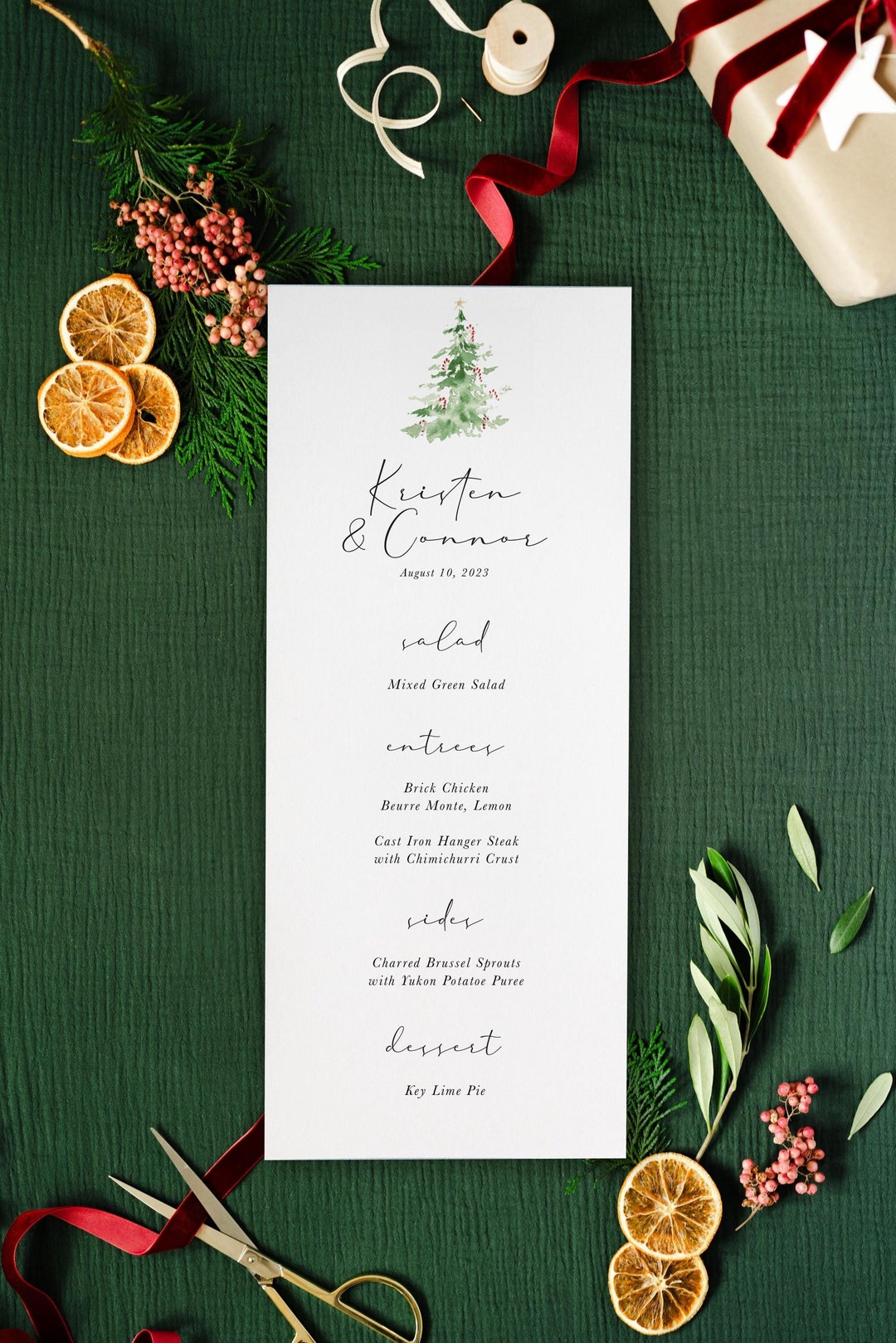 Holiday Menu Cards Printed, Christmas Tree Table Decor, Watercolor Menu ...