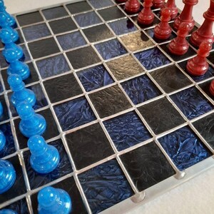 Double Sided Chess Set With Stained Glass Board & Matching Blue and Red ...