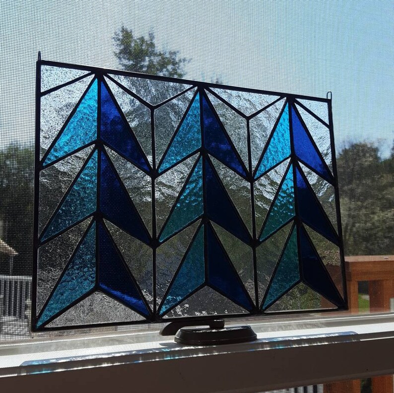 Blue Stained Glass Window Panel: Mid-century Modern Art Deco Hanging - Etsy