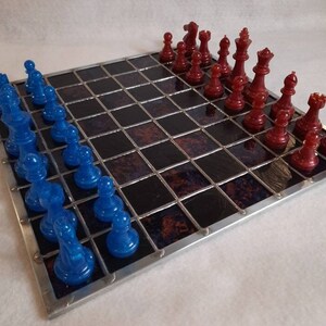 Double Sided Chess Set With Stained Glass Board & Matching Blue and Red ...