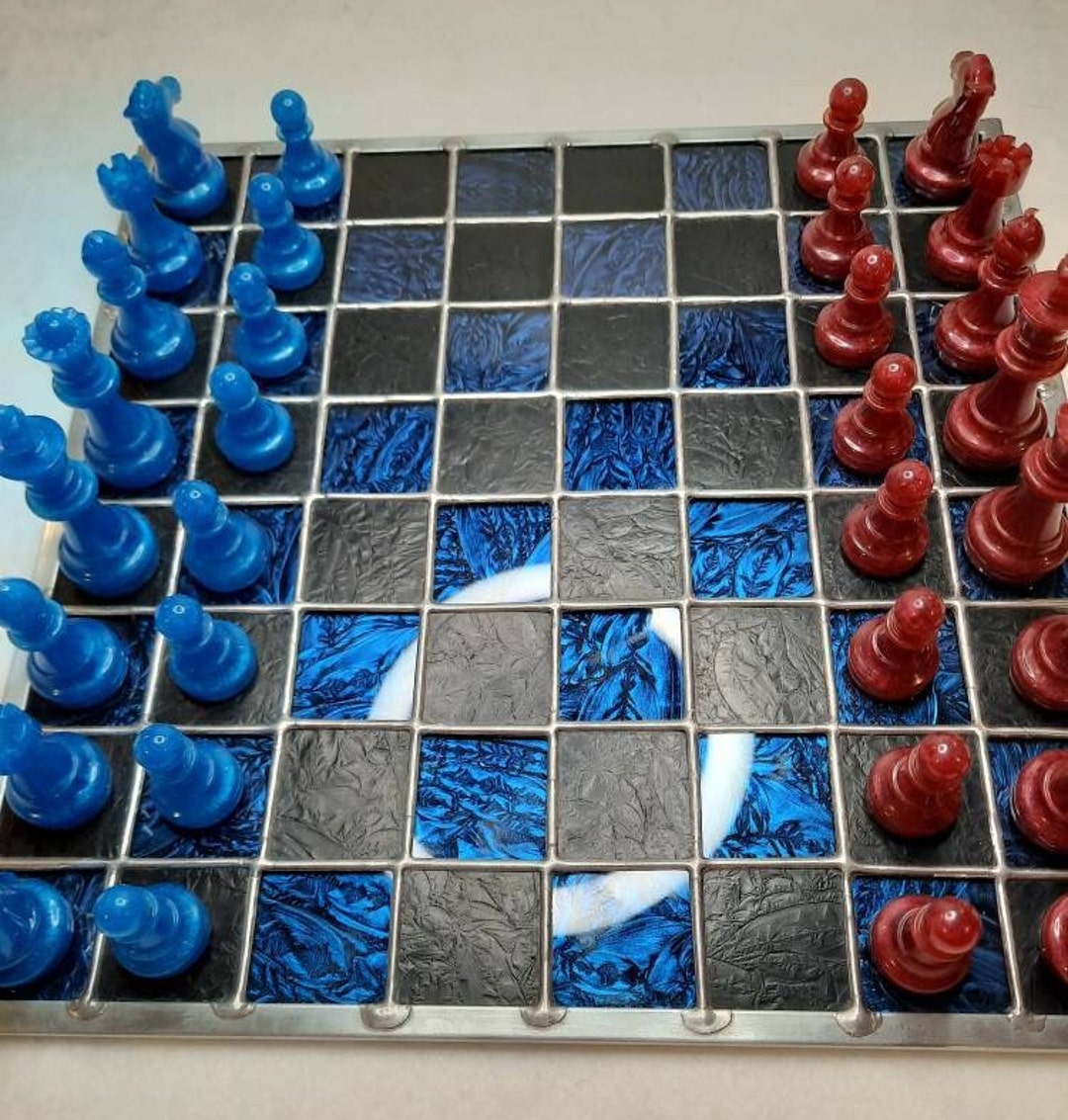 Double Sided Chess Set With Stained Glass Board & Matching Blue and Red ...