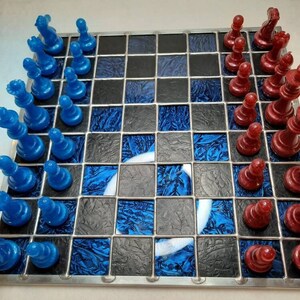 Double Sided Chess Set With Stained Glass Board & Matching Blue and Red ...