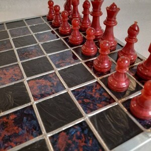 Double Sided Chess Set With Stained Glass Board & Matching Blue and Red ...