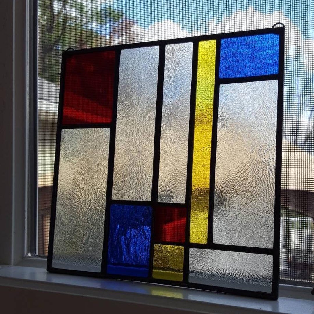 Red, Yellow & Blue Mondrian Stained Glass Panel-contemporary Art Glass ...