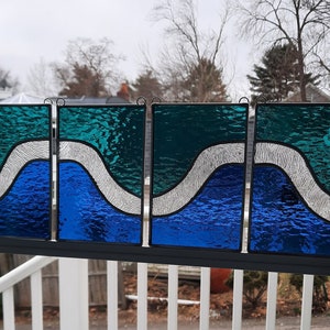 Blue Stained Glass Modern Wave Panel- Blue Wave Panel for Nautical or ...