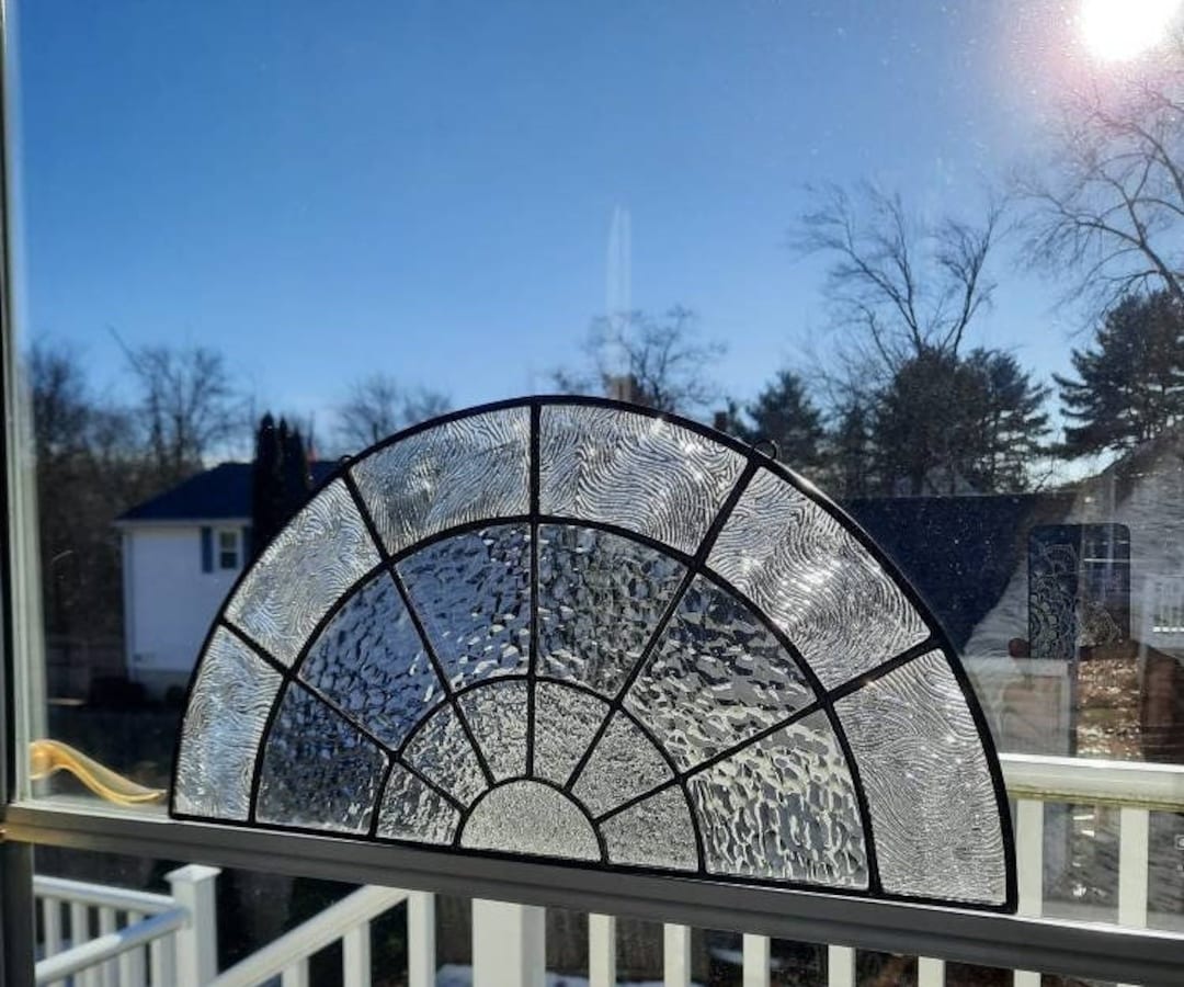 Half Round Stained Glass Hanging Window Panel, Arched Traditional Design With Different Clear ...