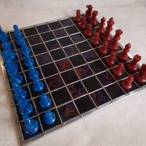 Double Sided Chess Set With Stained Glass Board & Matching Blue and Red ...