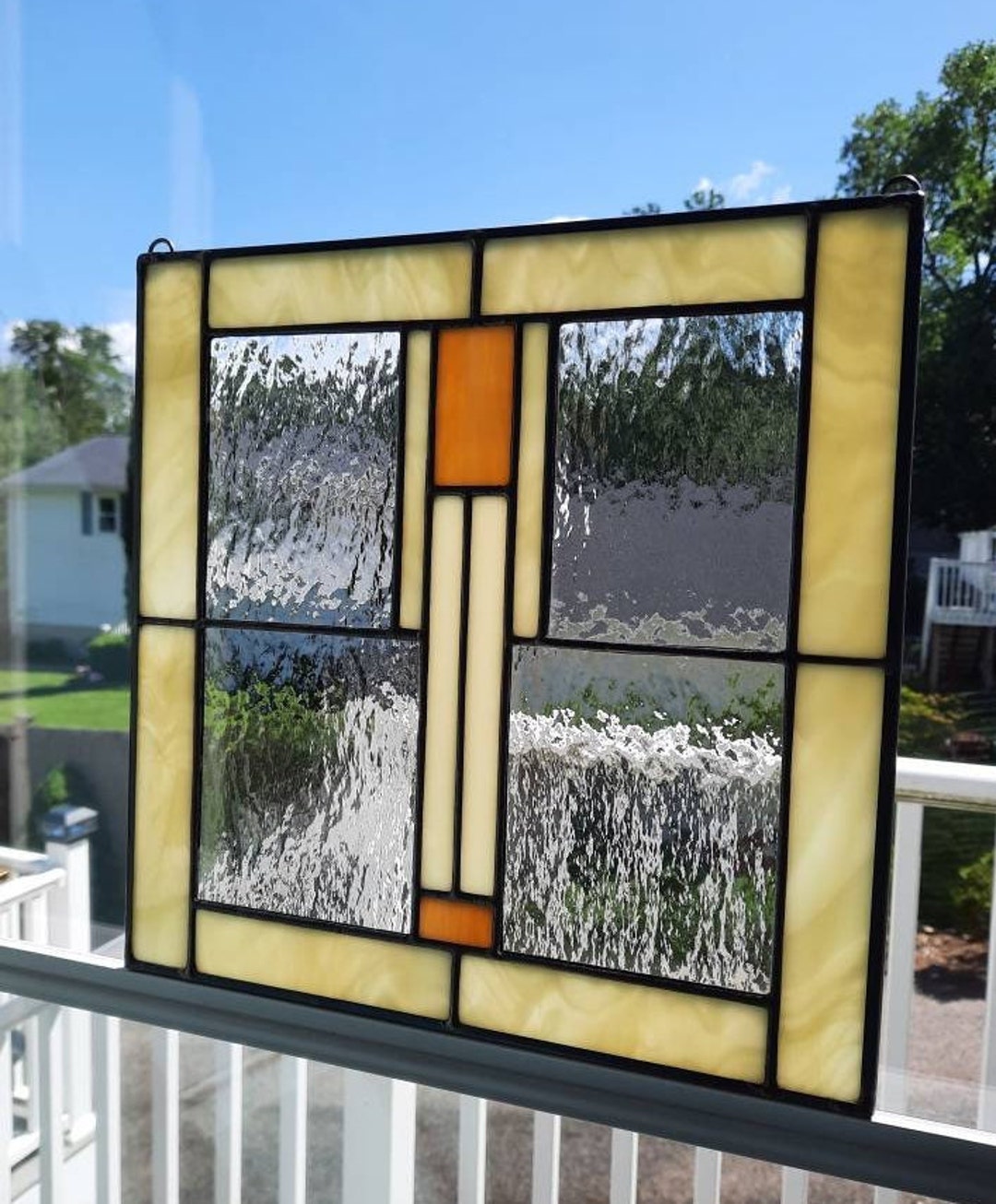 Cream and Amber Classic Mission Stained Glass Window Hanging, Bungalow ...