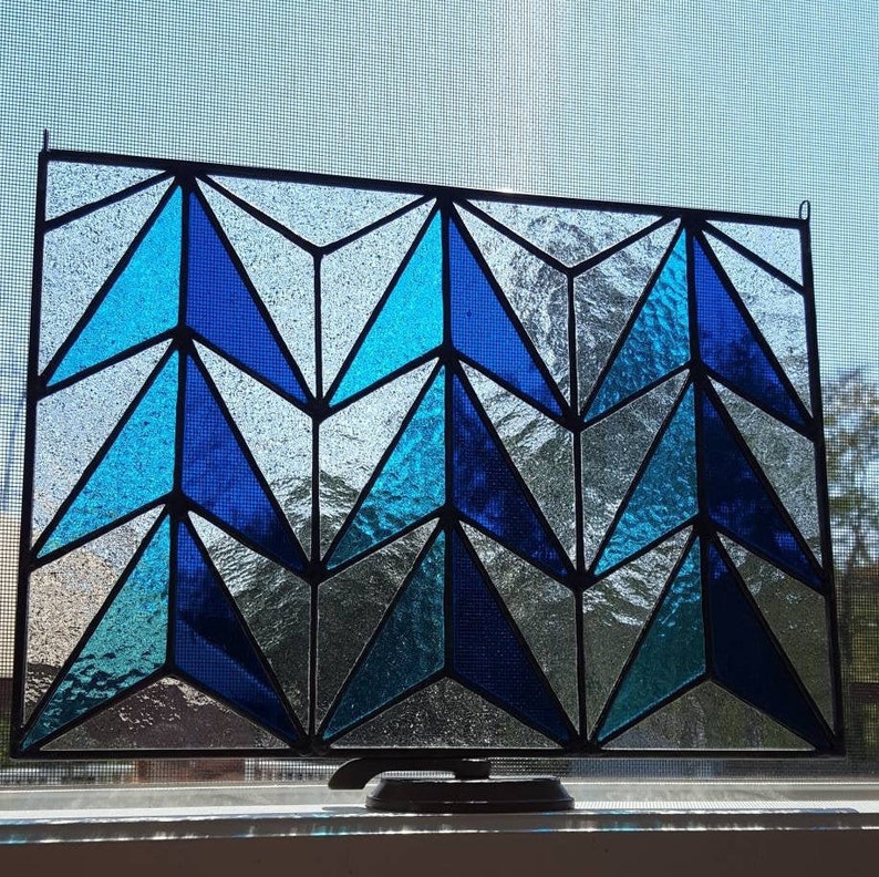 Blue Stained Glass Window Panel: Mid-century Modern Art Deco Hanging - Etsy